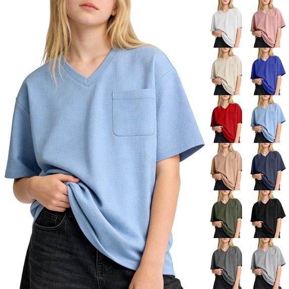 Bigetiay Girls V Neck Short Sleeve Pocket Tees Kids Basic Shirts Casual ...