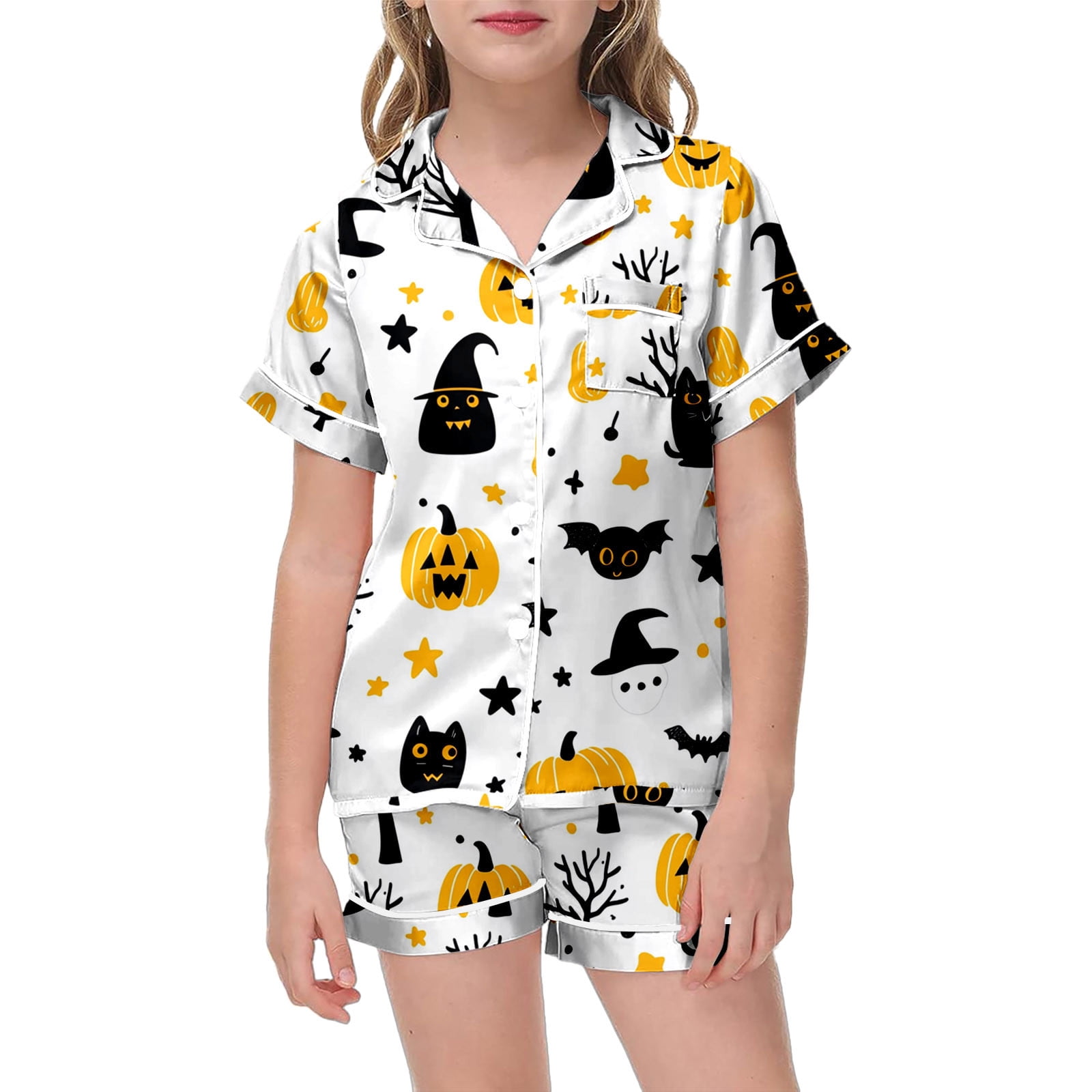 Bigetiay Kids Halloween Pajama Set Ghost Pumpkin Print Silk Satin Pajamas Set Short Sleeve ...