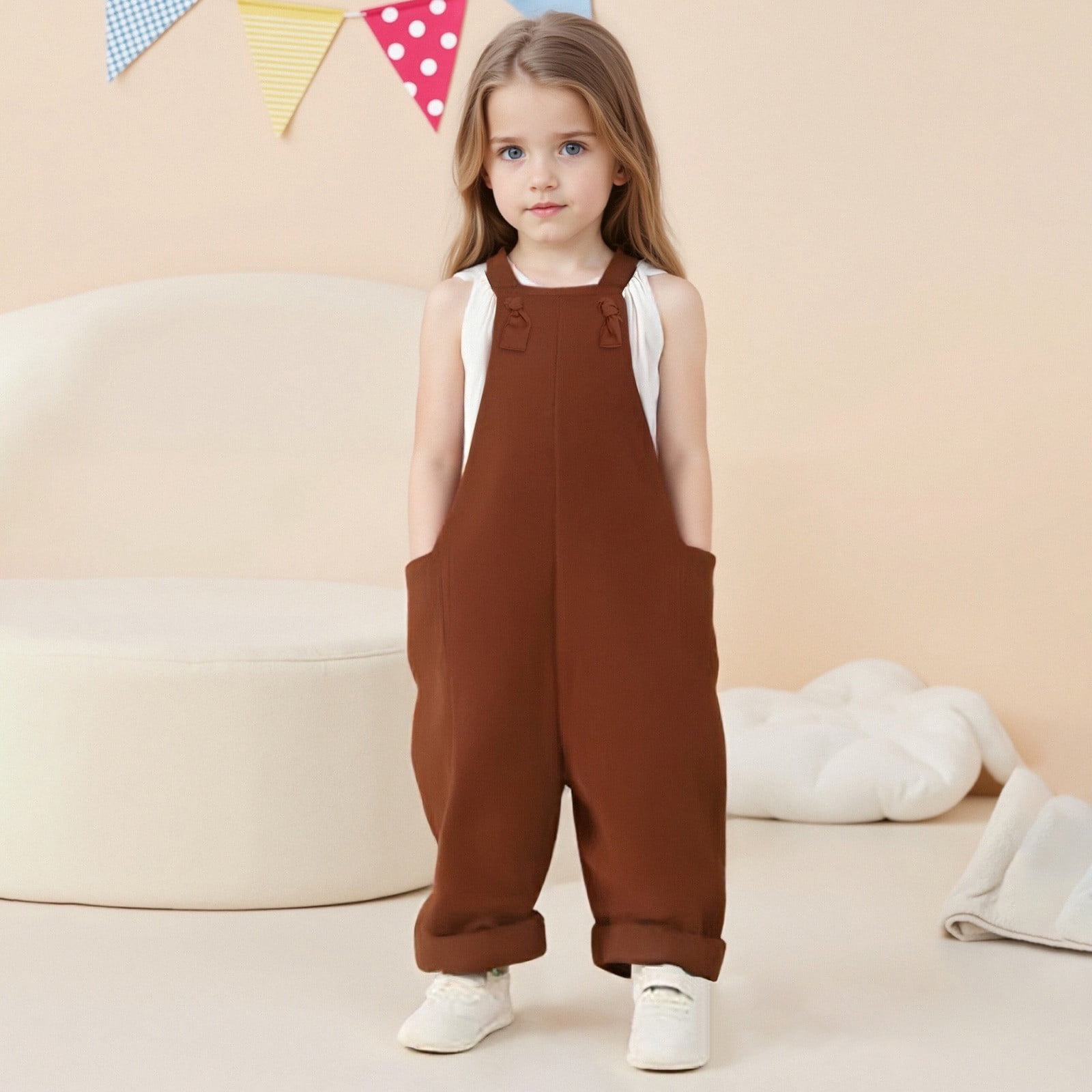 Bigetiay Toddler Girls Sleeveless Jumpsuit Back to School Romper Brown ...