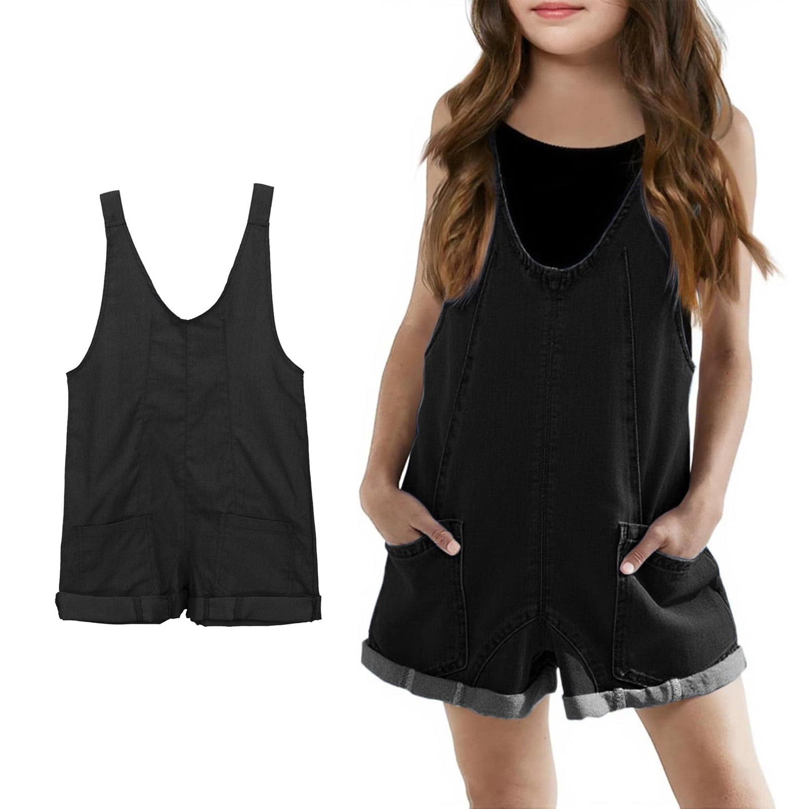 Bigetiay Tween Girls Romper Sleeveless Back to School Romper Black ...