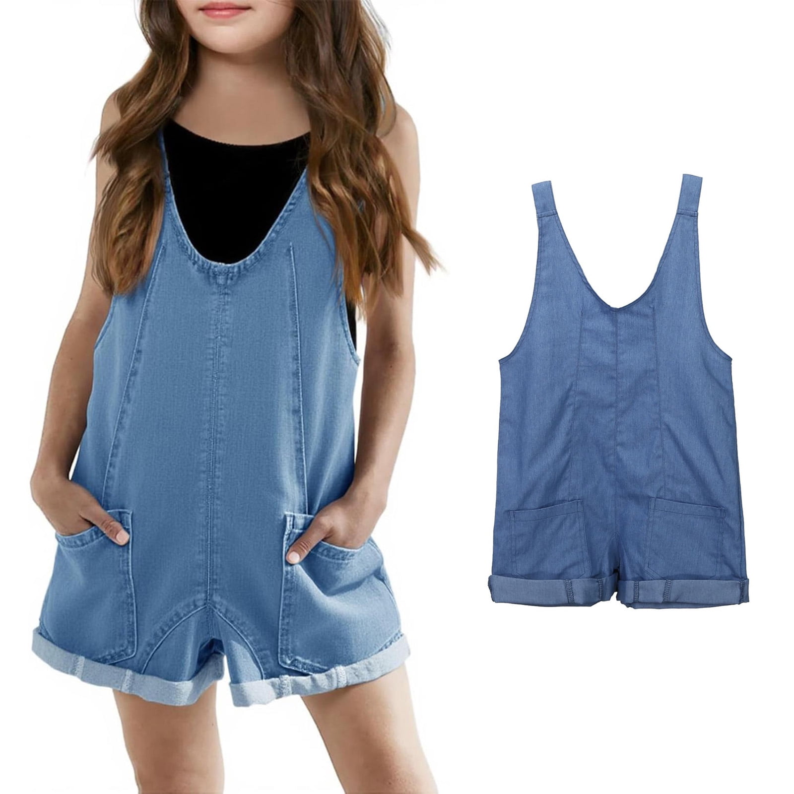Bigetiay Tween Girls Sleeveless Jumpsuit Back to School Romper Blue ...