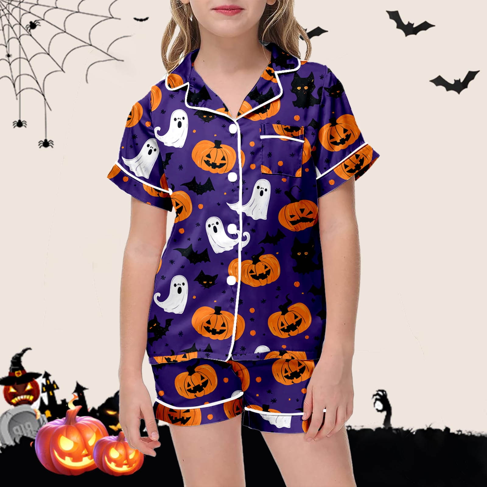 Bigetiay Tween Halloween Pajamas Set Pumpkin Ghost Bat Print Girls Silk ...