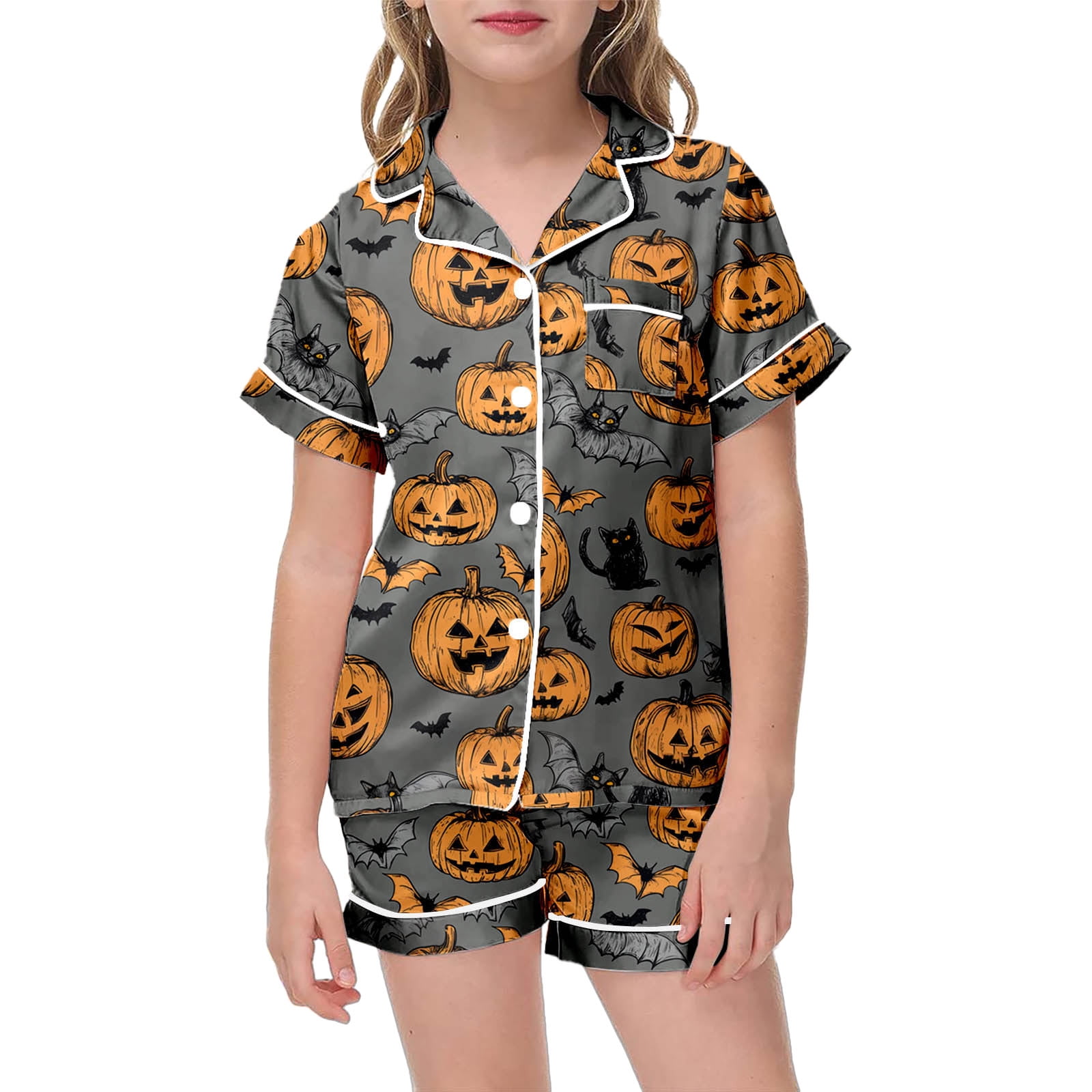 Bigetiay Tween Halloween Pjs Set Ghost Pumpkin Print Silk Pajama Set ...