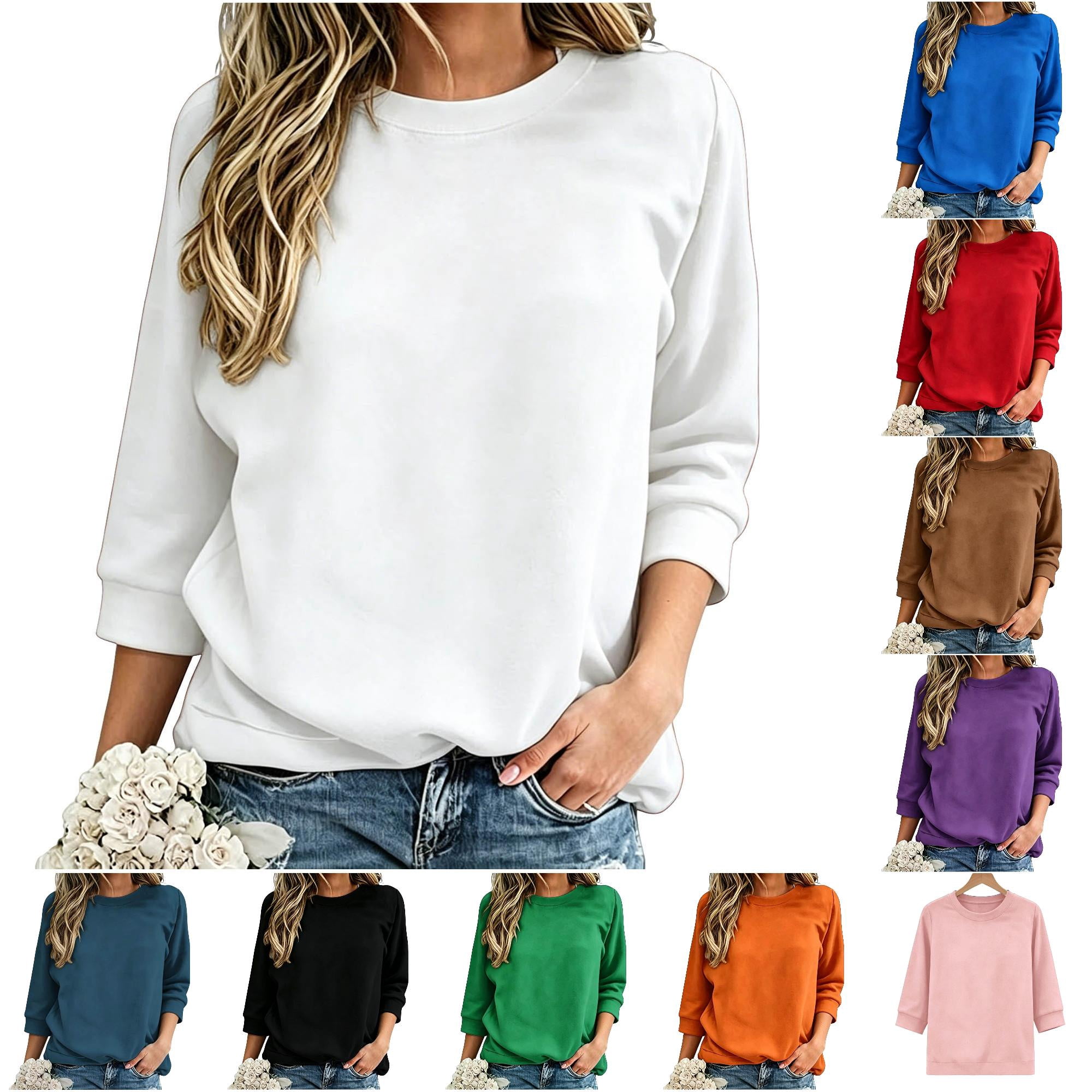 Bigetiay Womens Solid Color 3/4 Sleeve Sweatshirt Round Neck Hoodless ...