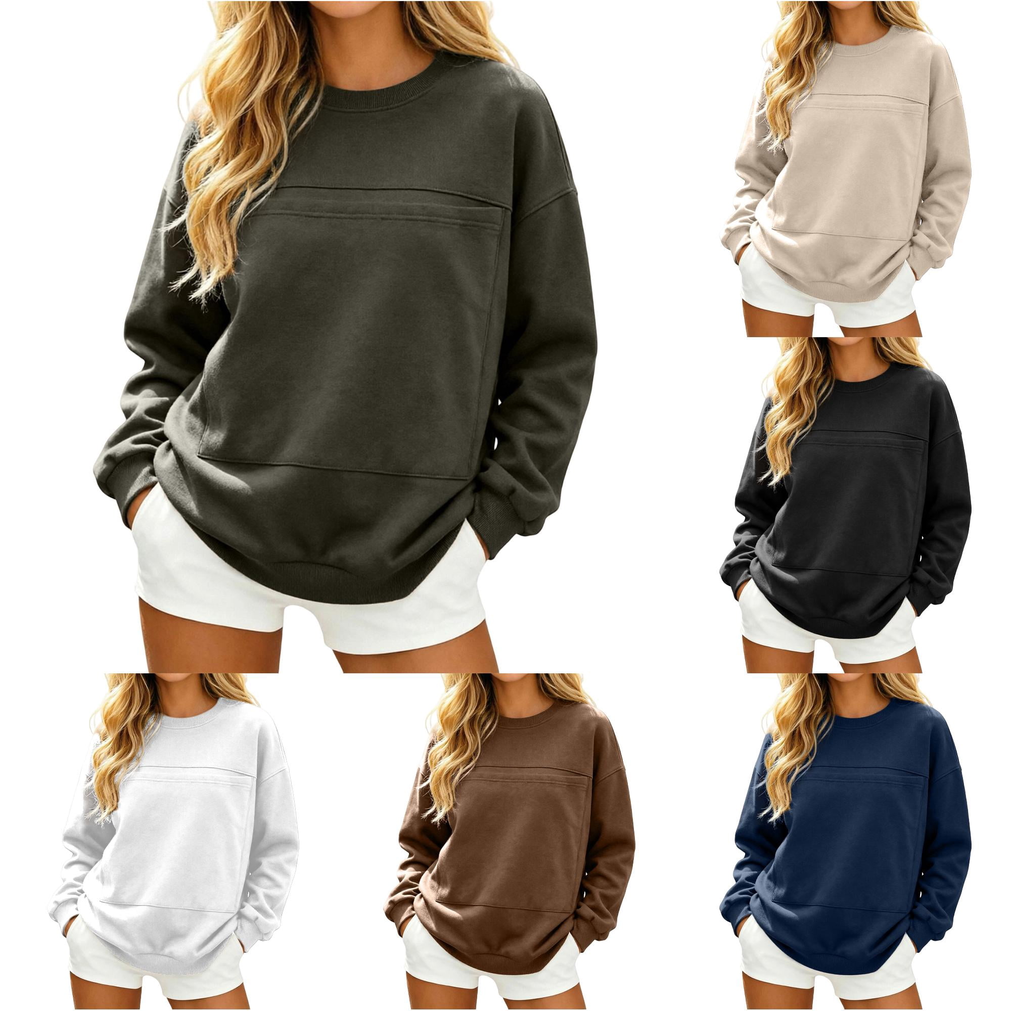Bigetiay Womens Solid Color Sweatshirt Long Sleeve Oversized Pocket ...