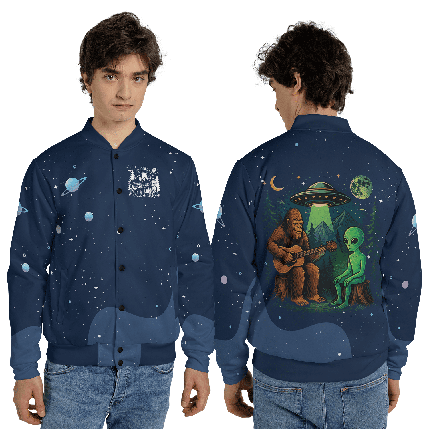Bigfoot Alien Baseball Jacket, Bigfoot Playing Guitar with Alien & UFO ...