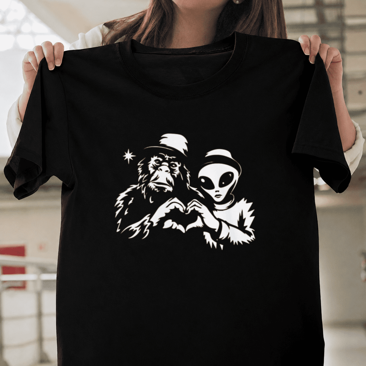 Bigfoot Alien Heart Hands Shirt UFO Cryptid Friendship Peace Unisex T ...