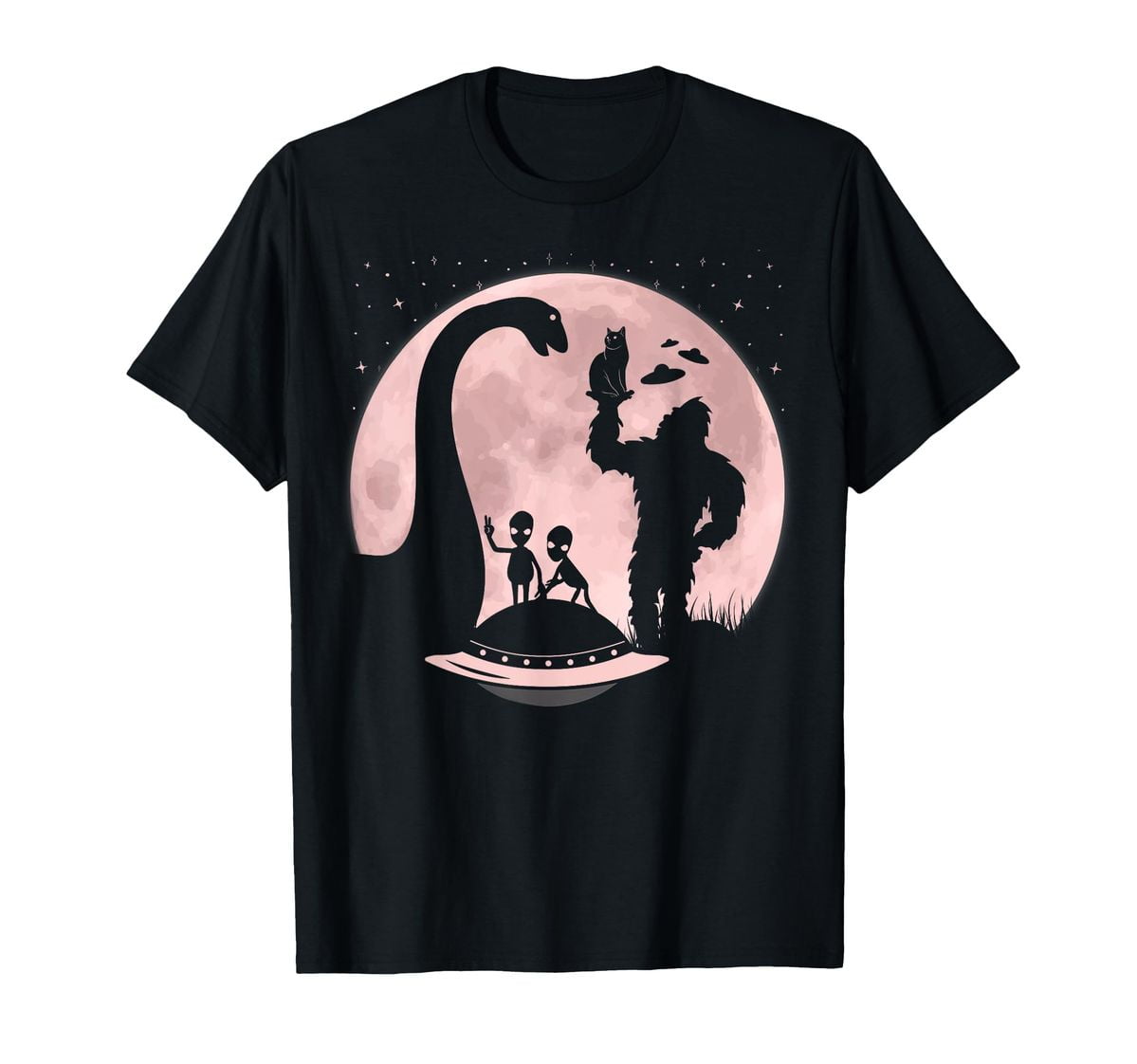Bigfoot Alien UFO and Lake Monster Moon Scene Tee Cosmic Cryptid ...