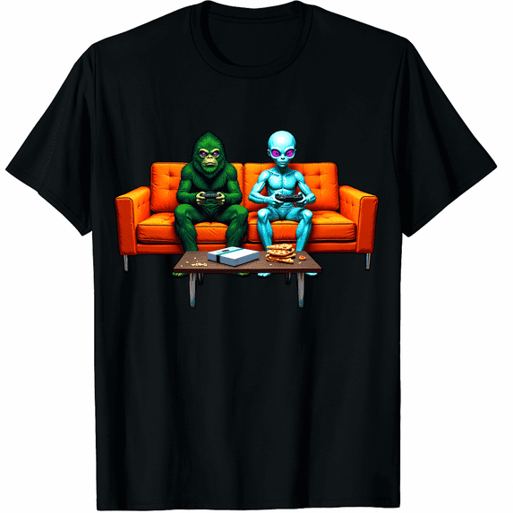 Bigfoot Alien Video Games Shirt Gaming Sasquatch Graphic Black T-Shirt ...