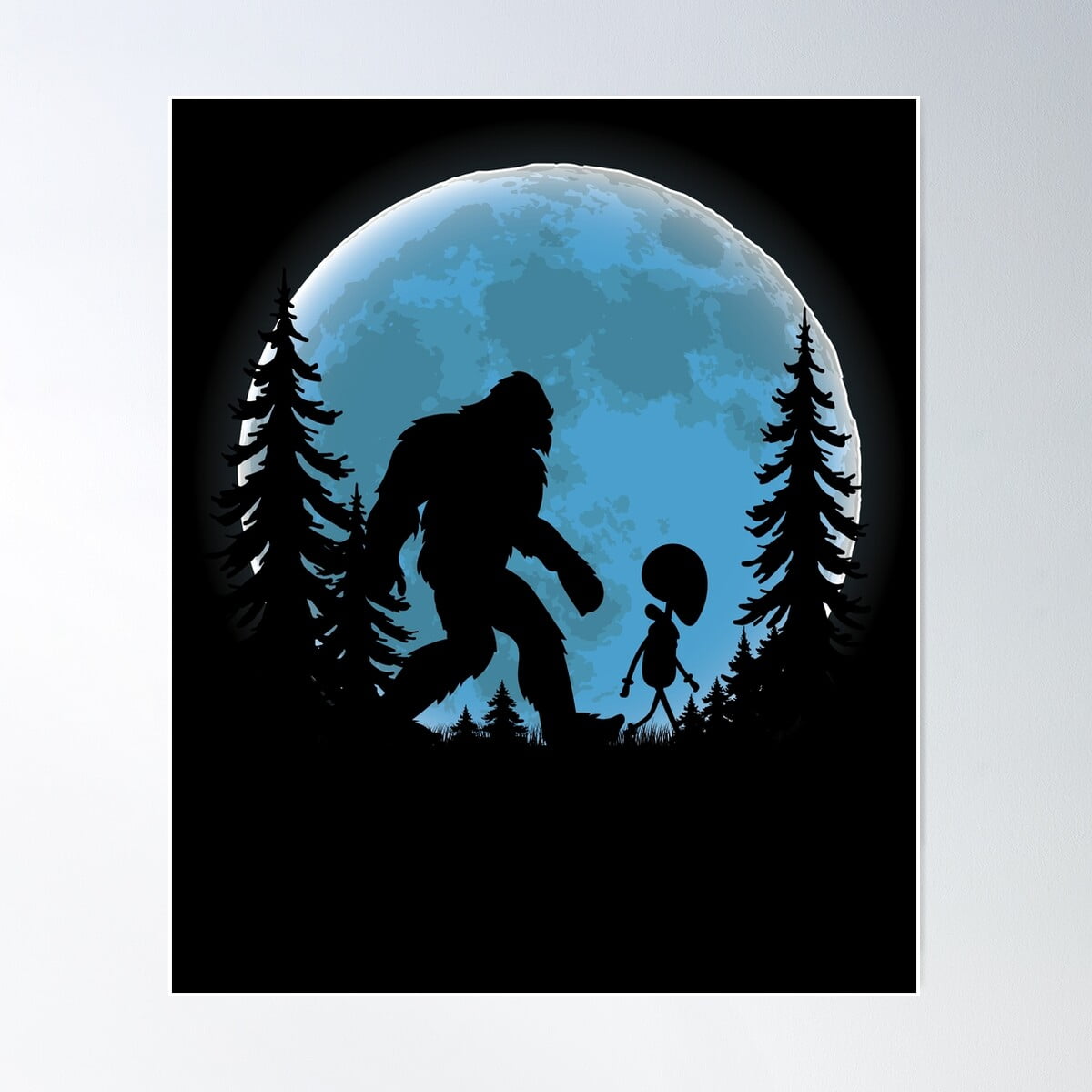 Bigfoot & Alien Walking In Woods With Full Blue Moon Poster Wall Art ...
