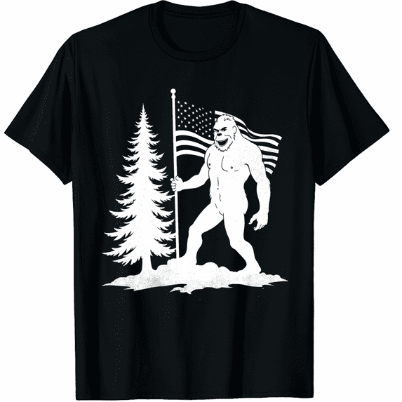 Bigfoot America Flag Rock Hand Rocker Sasquatch Graphic Black T-Shirt ...