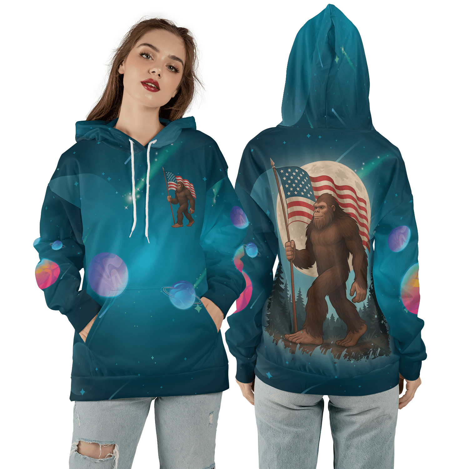 Bigfoot American Flag 3D Hoodie, Patriotic Sasquatch Space Moon 3D ...