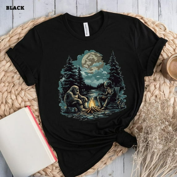 Bigfoot And Alien Campfire T-Shirt, Cryptid Alien Outdoor Tee, Mystical ...