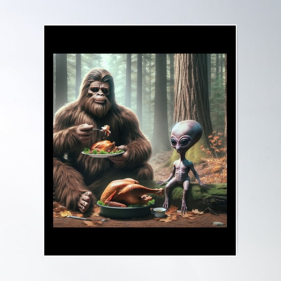 Bigfoot And Alien Enjoying Feast Poster Wall Art Modern Wall Decor For ...