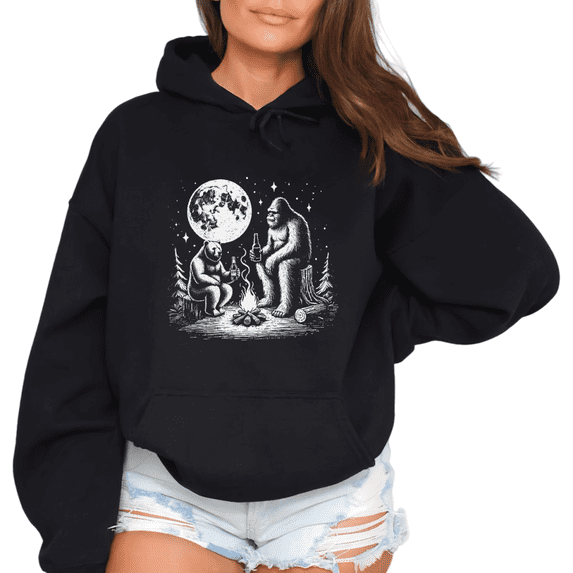 Bigfoot And Bear Camping Under Moon Graphic Tees T Shirt Retro Outdoor ...