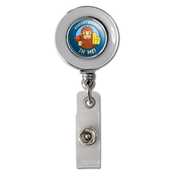 Bigfoot Believes in Me Funny Humor Retractable Reel Chrome Badge ID ...