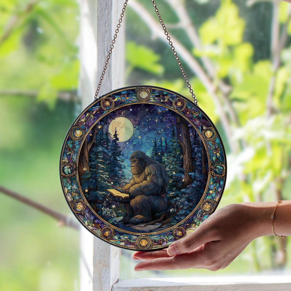 Bigfoot Book Lover Glass Suncatcher, Whimsical Sasquatch Reading Art ...