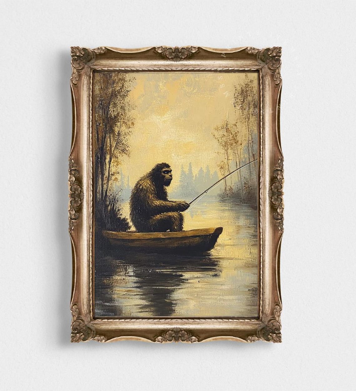 Bigfoot Canoe Fishing, Retro Poster Whimsical Sasquatch Art, Lake House ...