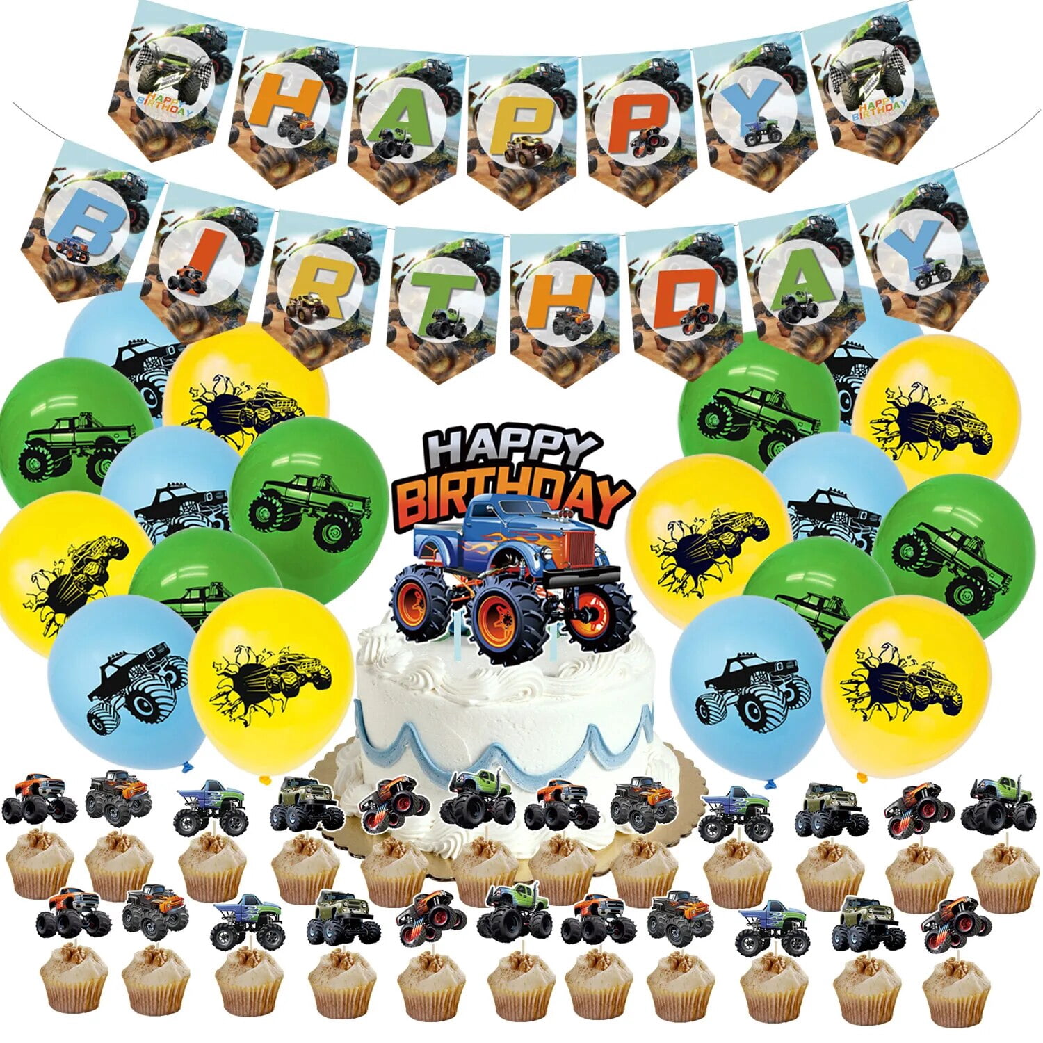 Bigfoot Cart Theme Party Supplies Monster Truck Flag Pulling Cake ...