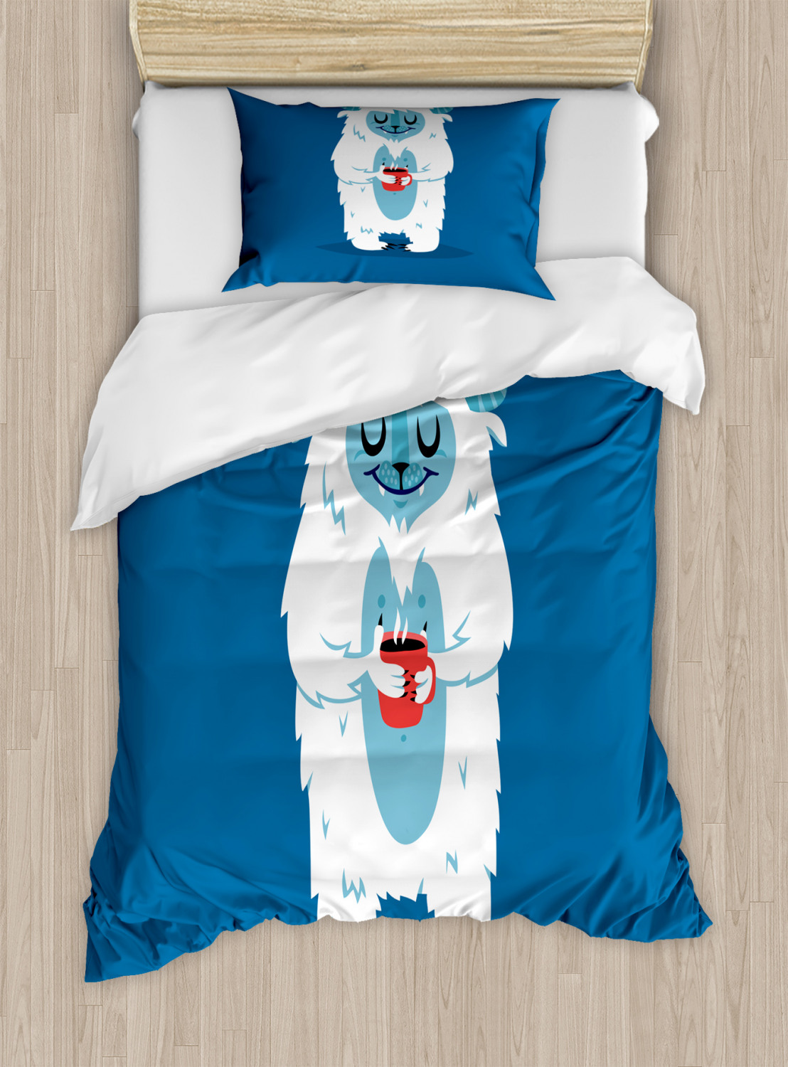 Bigfoot Duvet Cover Set Twin Size, Yeti Monster Holding a Cup of Coffee ...