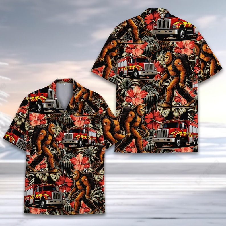 Bigfoot Firefighter Hawaiian Shirt For Men Women Youth, Summer Aloha Shirt Button-Down Short ...