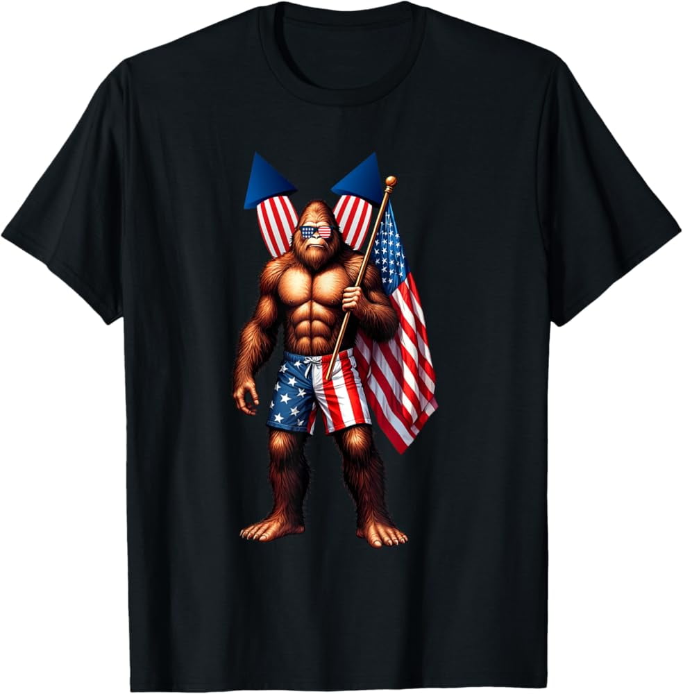 Bigfoot Fireworks 4Th Of July Men Sasquatch American Us Flag T-Shirt ...