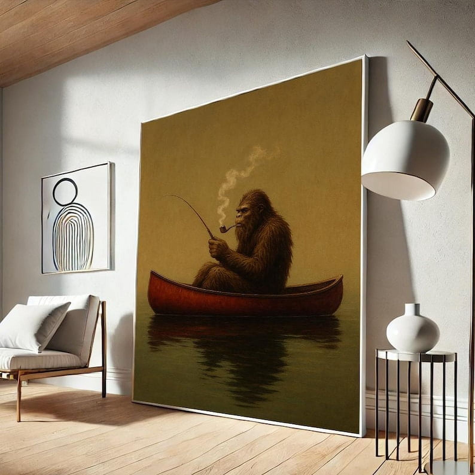 Bigfoot Fishing Art, Whimsical Sasquatch Print, Funny Animal Wall Decor ...