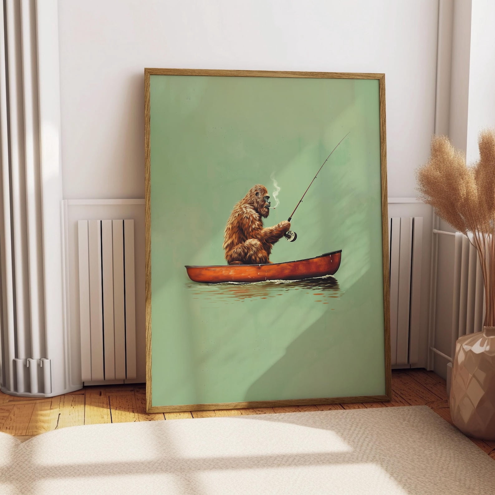 Bigfoot Fishing in Canoe Vintage Poster Art Funny Retro Sasquatch Print ...