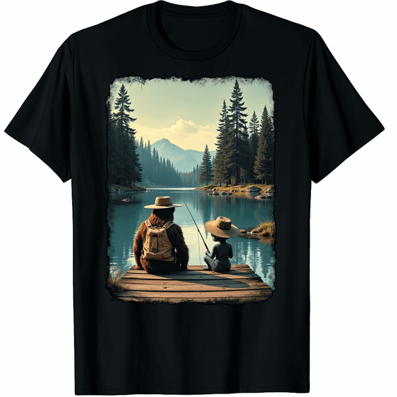 Bigfoot Fishing Design Sasquatch Fishing Distressed Graphic Black T ...