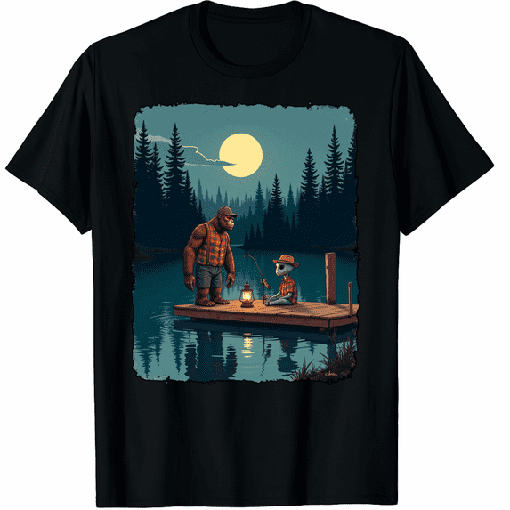 Bigfoot Fishing Design Sasquatch Fishing Distressed Graphic Black T ...