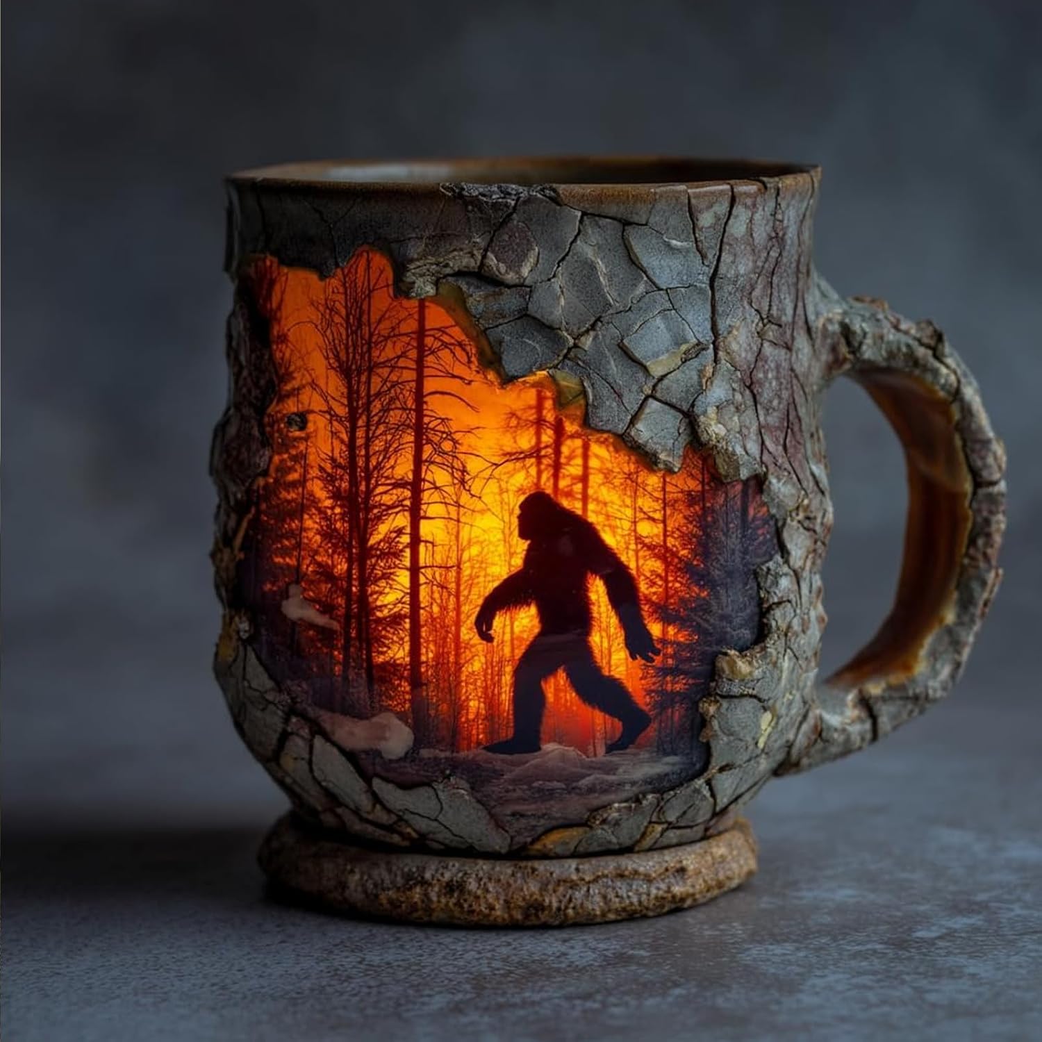 Bigfoot Forest Fire Mug, 3D Relief Fun Bigfoot Coffee Camping Campfire ...