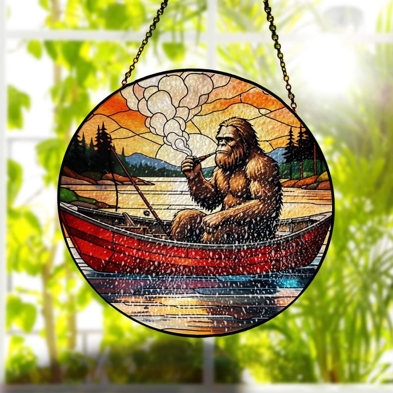 Bigfoot Glass Suncatcher, Whimsical Sasquatch Fisherman Design, Ideal ...