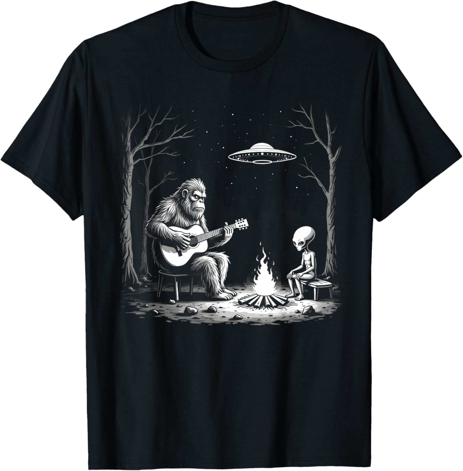 Bigfoot Guitar Tee Campfire Alien Ufo Camping Sasquatch T-Shirt ...