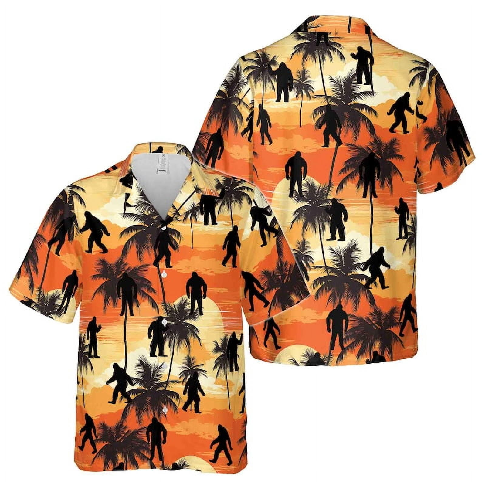 Bigfoot Hawaiian Shirt, Colorful Sasquatch Sunset Shirt, Coconut Tree Mountain Beach Shirt ...