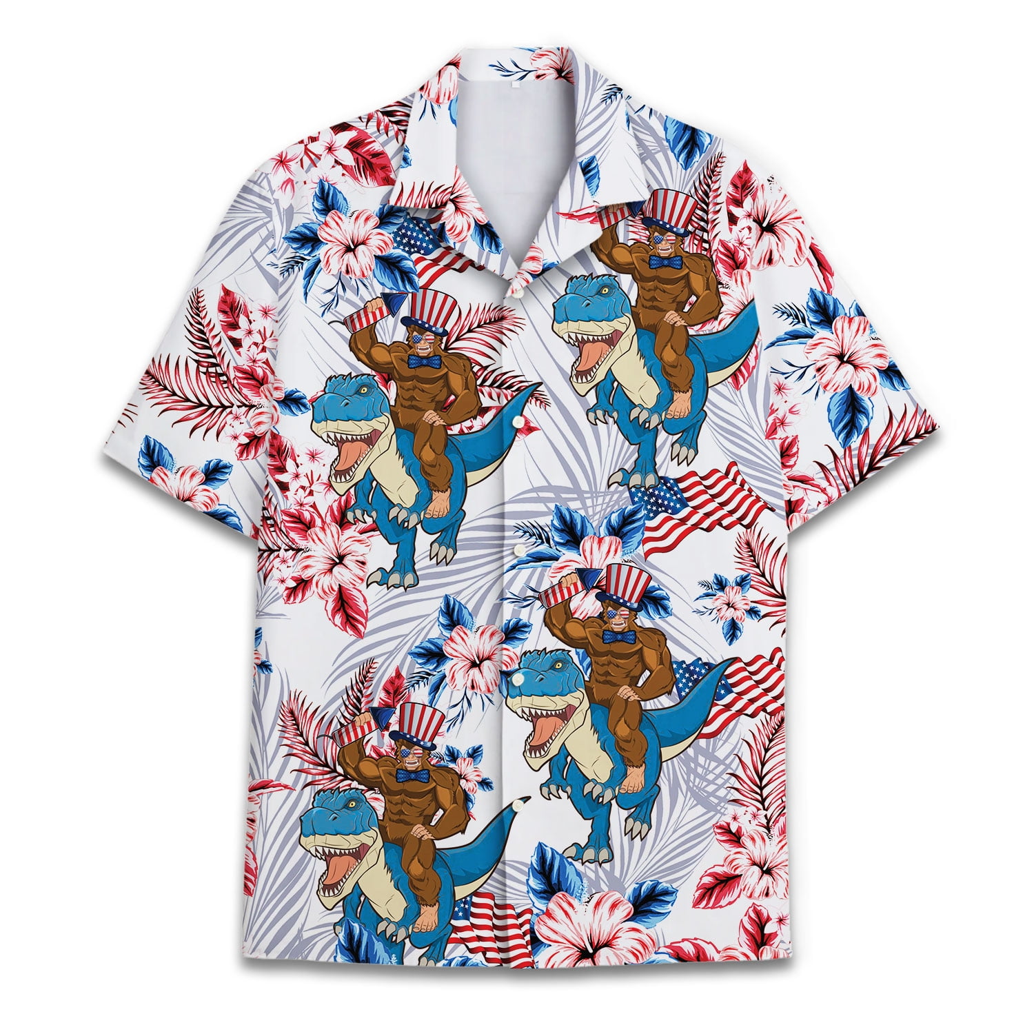Bigfoot Hawaiian Shirts for Men, Patriotic Sasquatch Gifts, 4th of July American Dinosaur Button ...