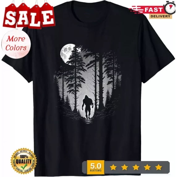 Bigfoot Hiding In Forest At Night Moon Stars Sasquatch Gift Unisex T ...