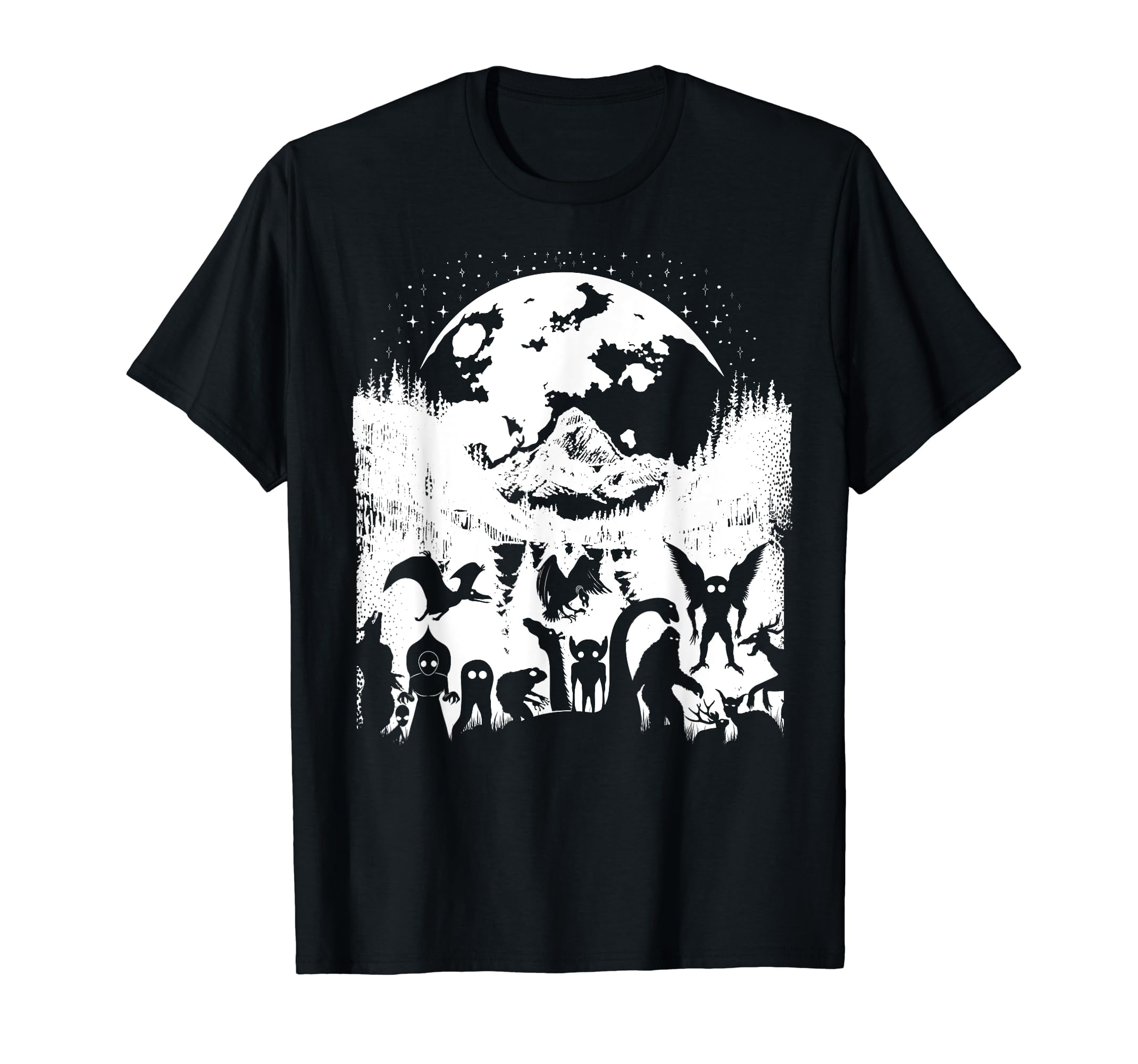 Bigfoot Loch Ness Monster Mothman Cryptid Moon Cryptozoology Black T ...