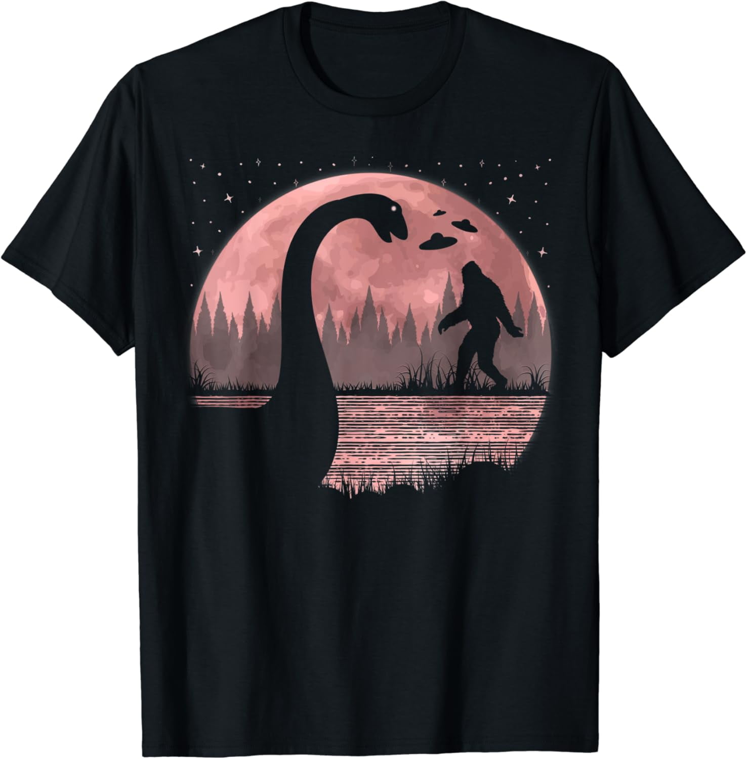 Bigfoot Loch Ness Monster Sasquatch Ufos Nessie & Full Moon T-Shirt ...