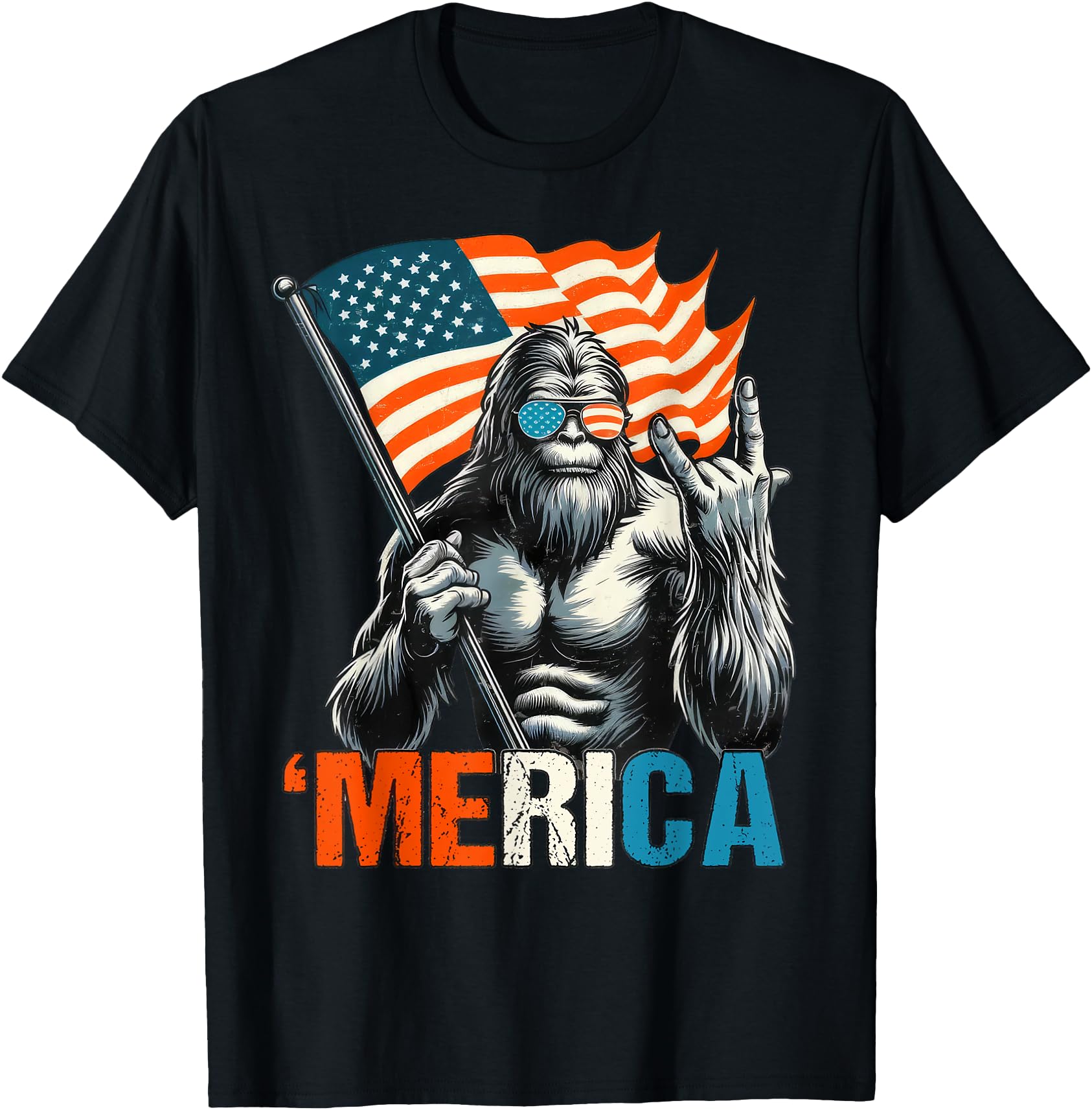 Bigfoot Merica Rock American Flag Patriotic 4th Of July Unisex T-Shirt ...