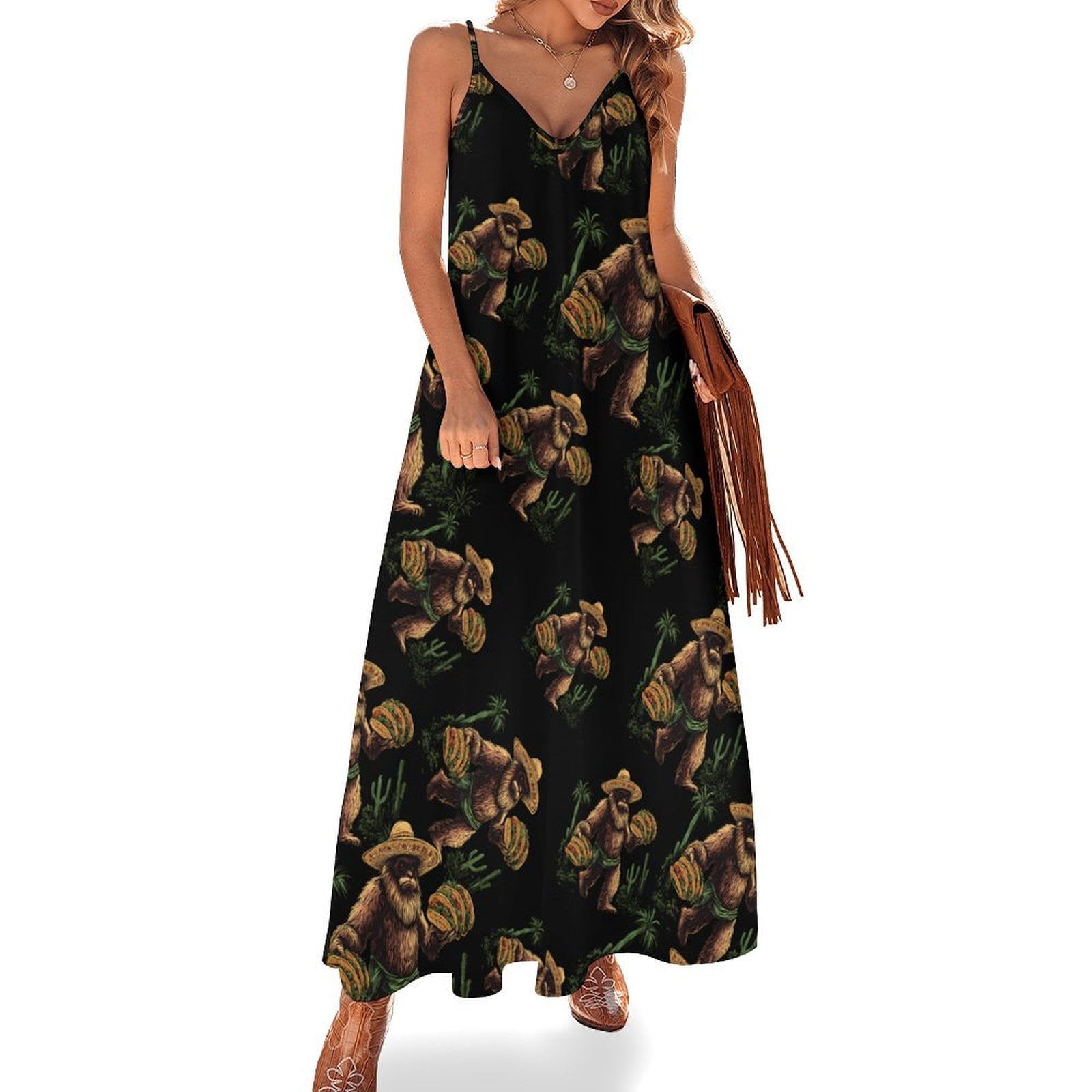 Bigfoot Mexico Tacoes Women's Maxi Dress Spaghetti Strap Bohemian Long ...
