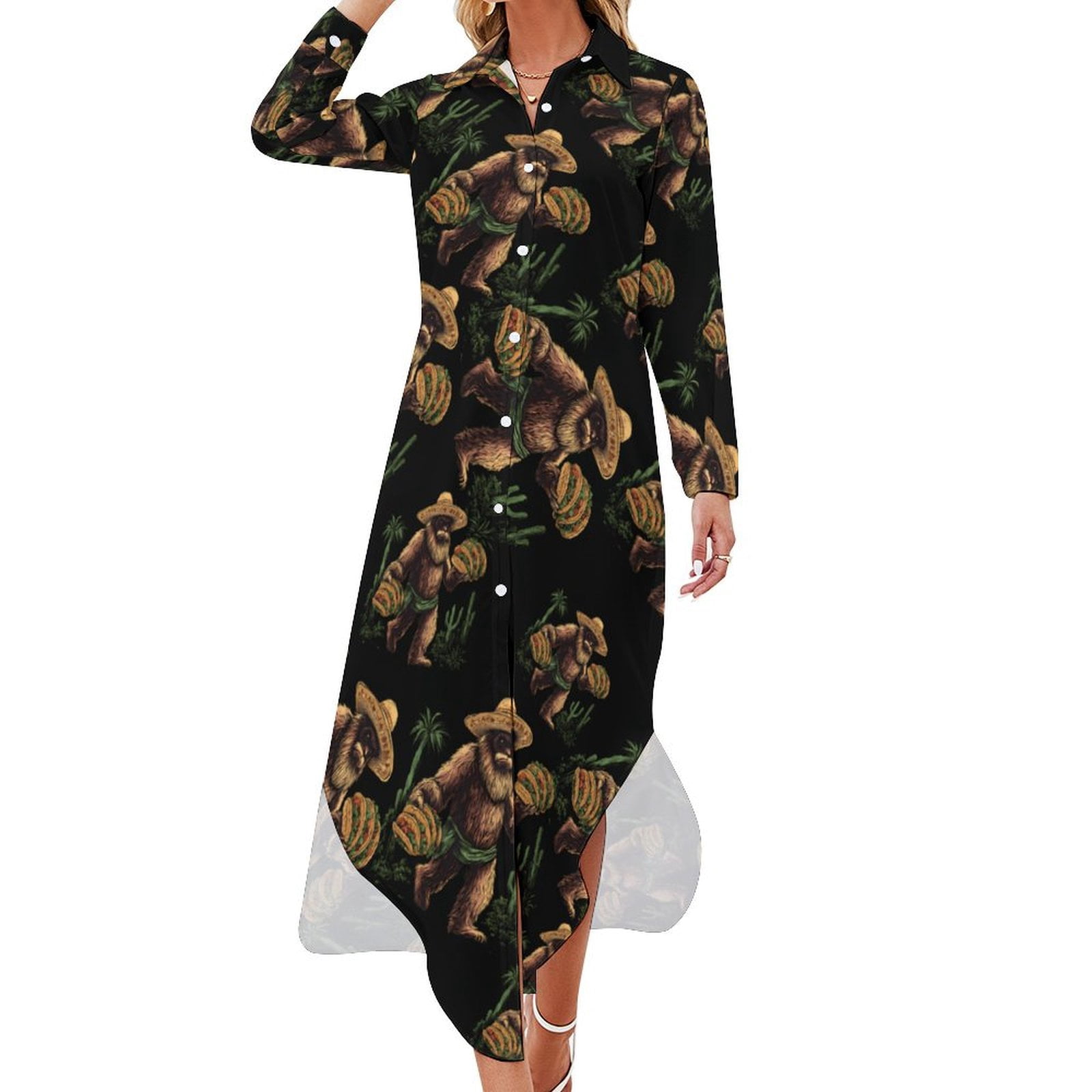 Bigfoot Mexico Tacoes Women's Maxi T Shirt Dress Long Sleeve Lapel ...