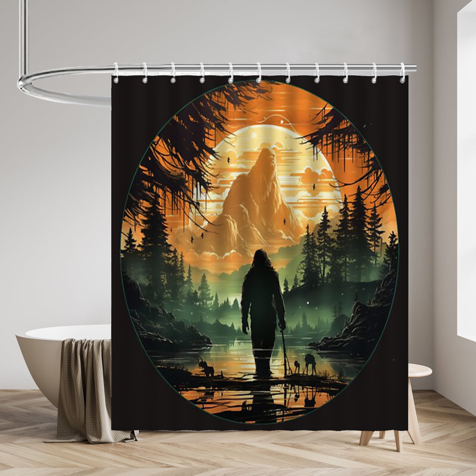 Bigfoot Mountain Squatch Shower Curtains Hide and Seek Bigfoot Waterproof Bathroom Curtains with ...