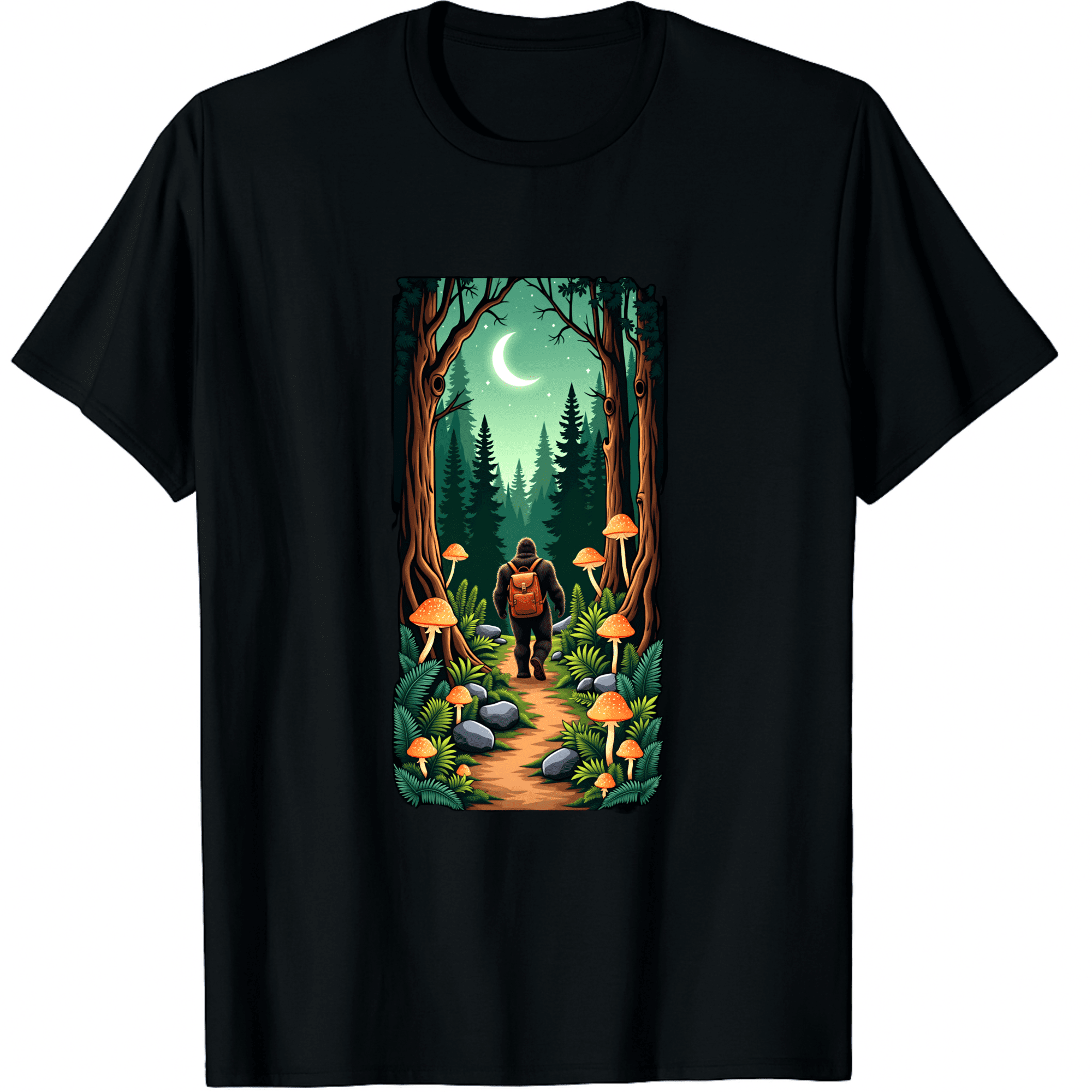 Bigfoot Mushroom Forest Night Graphic T-Shirt Adult Unisex Black Tee ...