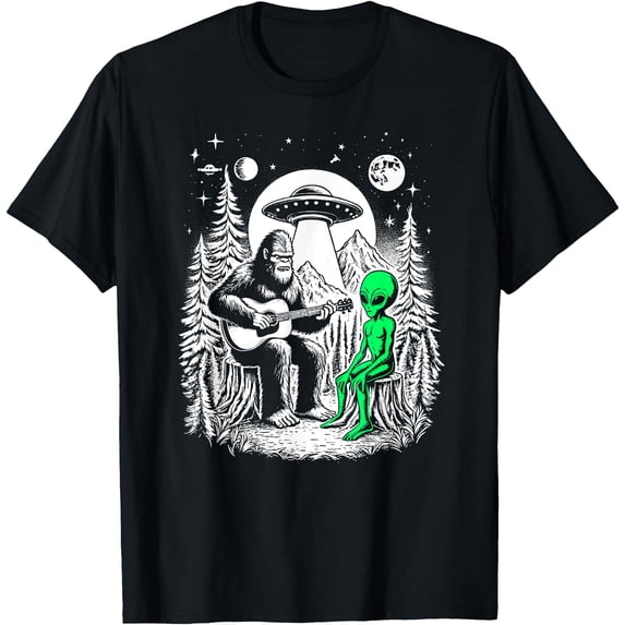 Bigfoot Playing Guitar Sasquatch Camping Big Foot Ufo Alien T-Shirt ...