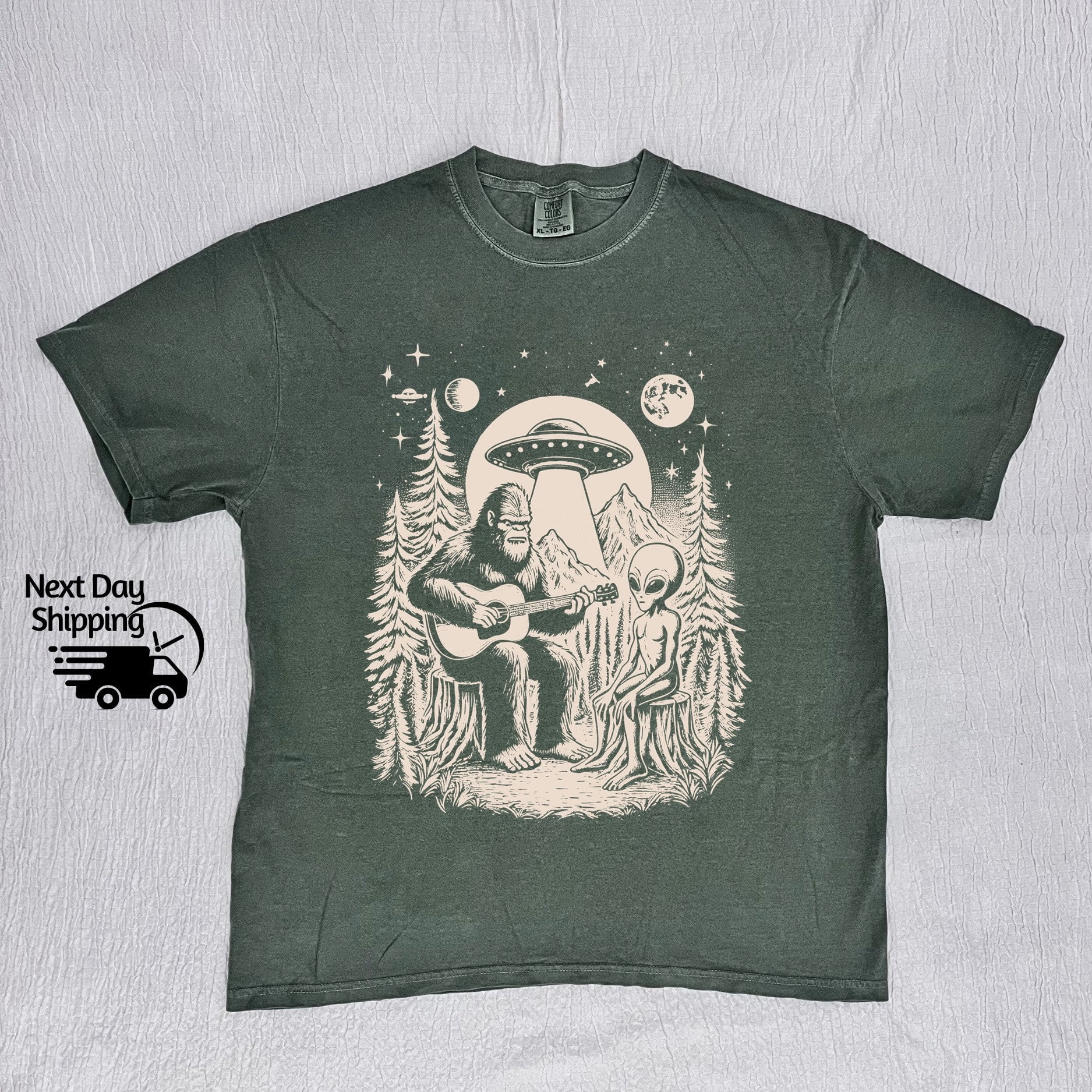 Bigfoot Playing Guitar With Alien And UFO 90s Shirt, Funny Bigfoot And ...