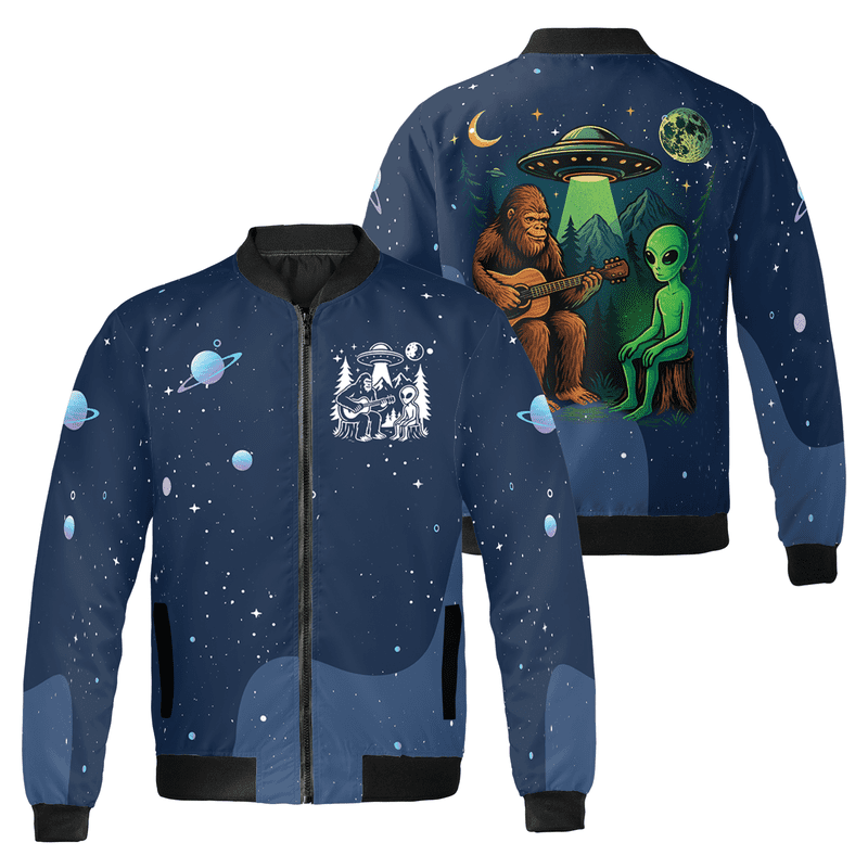 Bigfoot Playing Guitar With Alien And UFO Bomber Jacket - Funny Space ...
