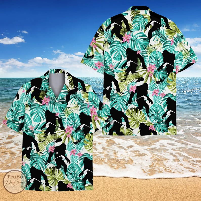 Bigfoot Plays Golf Hawaiian Shirt, Tropical Sasquatch Aloha Shirt ...