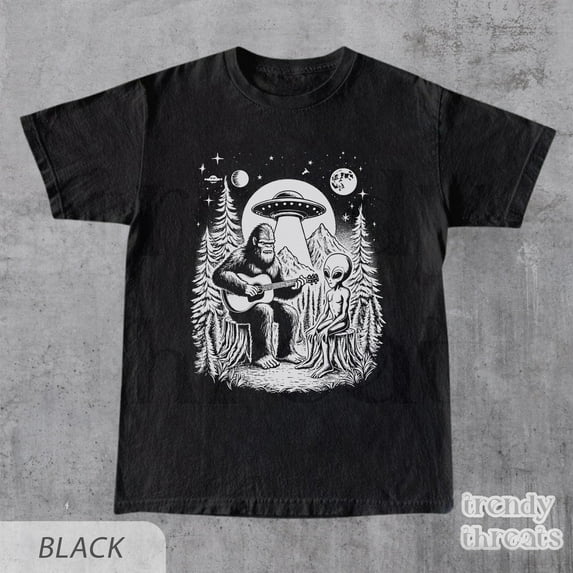 Bigfoot Plays Guitar with Alien and UFO Shirt, Funny Conspiracy T Shirt ...