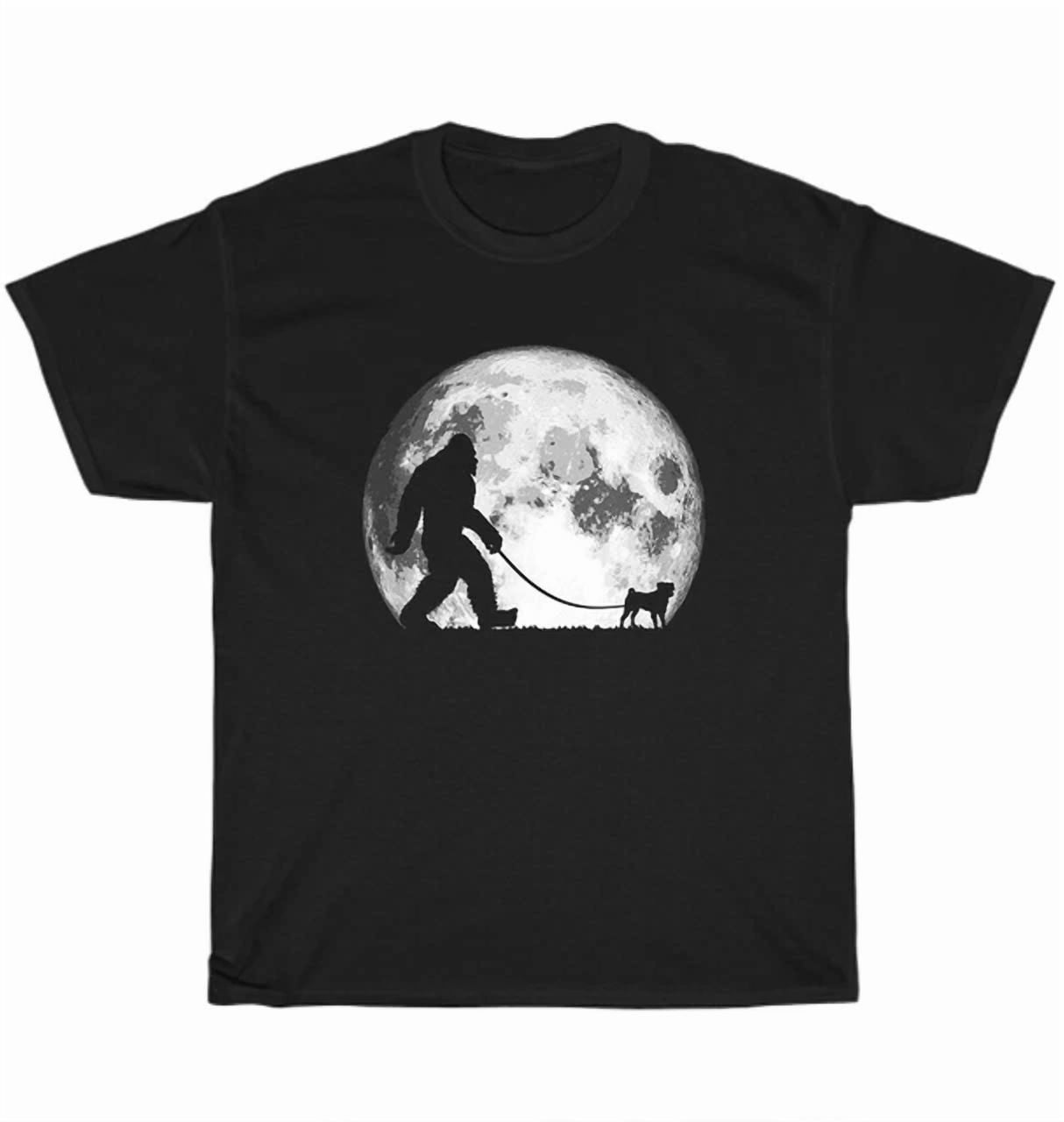 Bigfoot Pug Night Time Moon Dog Walking Walker Sasquatch T-Shirt Unisex ...