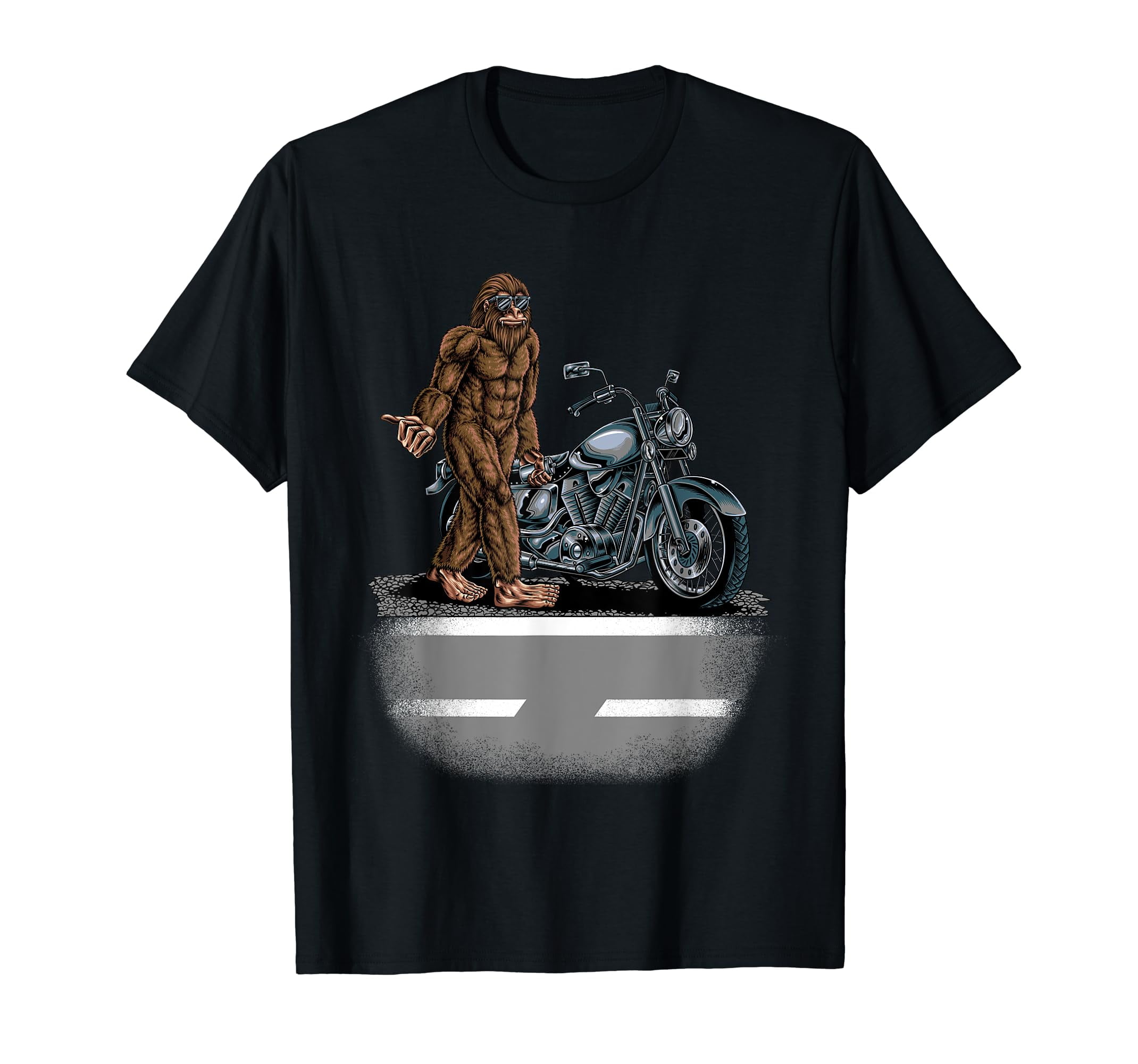 Bigfoot Riding A Motorcycle Bike Trying to Hitch A Ride Home T-Shirt ...
